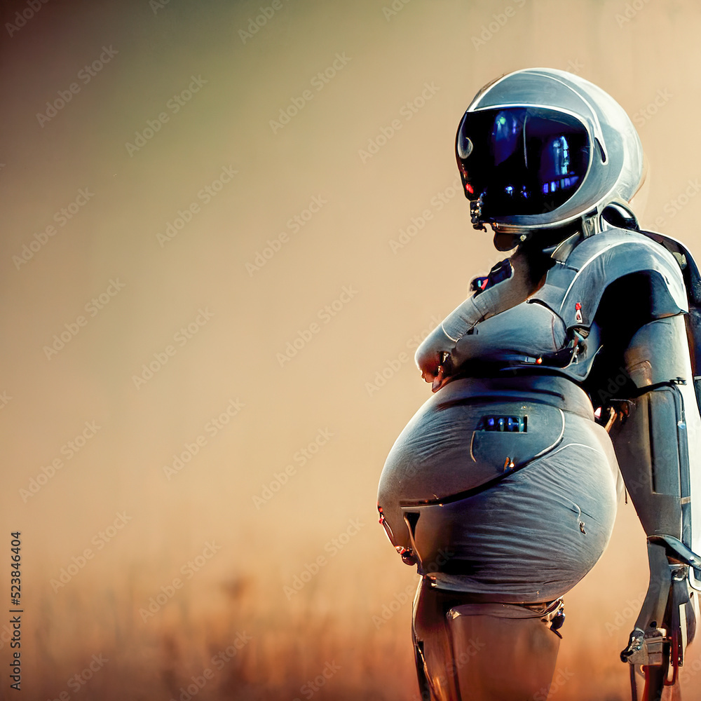 Scary pregnant robot woman android. Old metal, mechanisms, gears Stock ...