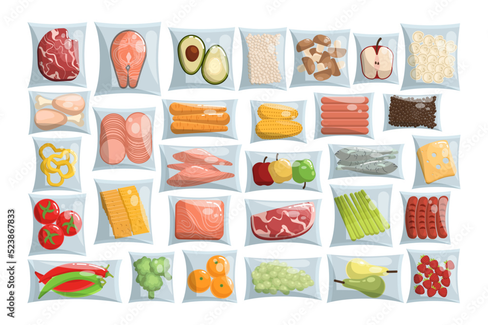 Vacuum packed products cartoon illustration set. Frozen meat, fruits ...