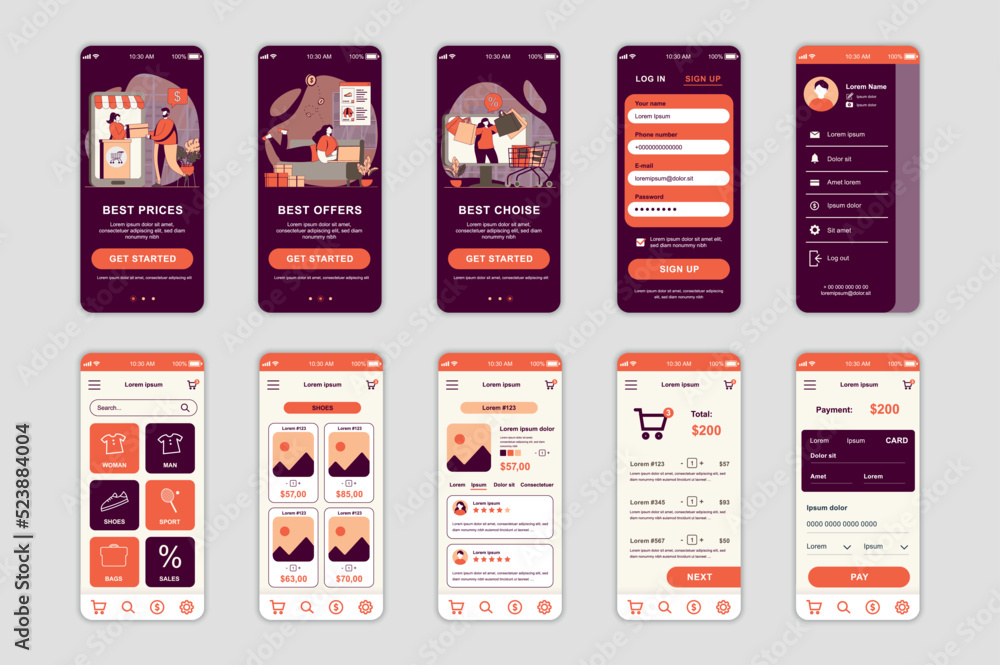 Shopping concept screens set for mobile app template. People shop at ...