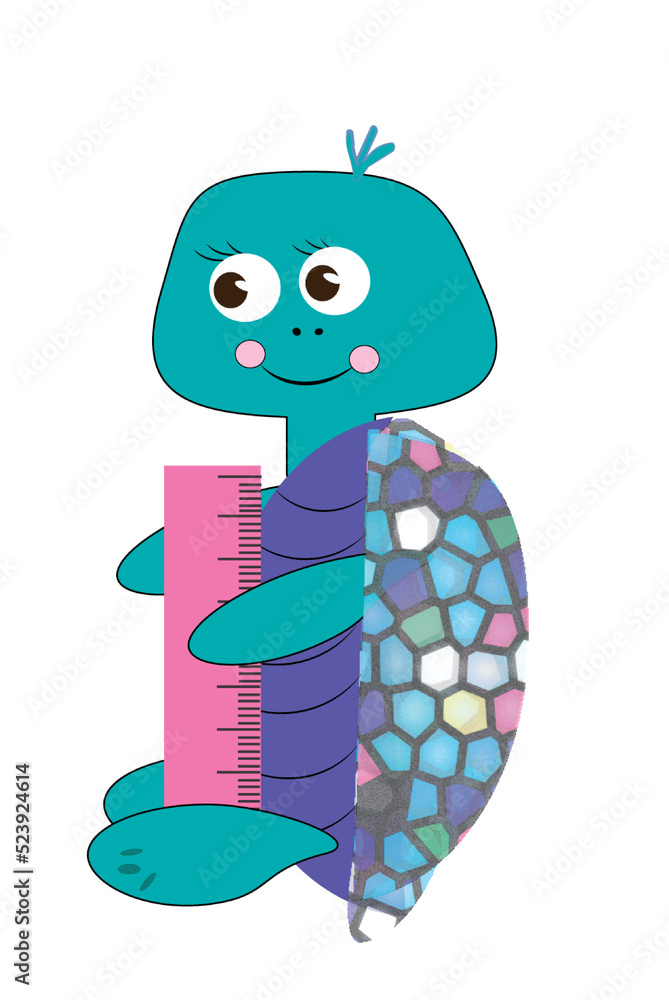 Vertical illustration of an adorable cartoon tutle holding a pink ruler ...