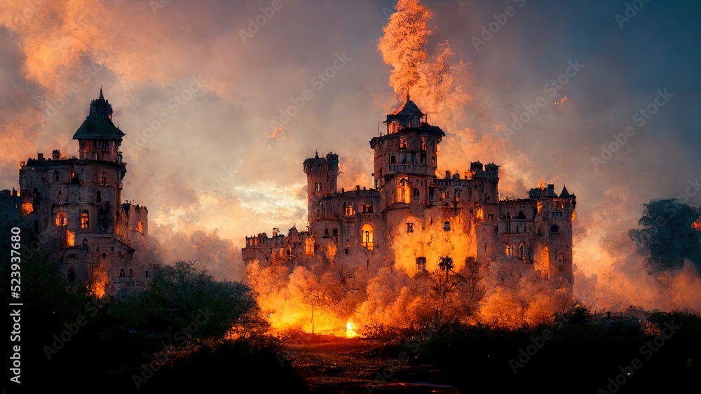 Magical Fantasy Castle Burning Down To The Ground In Flames, Digital ...