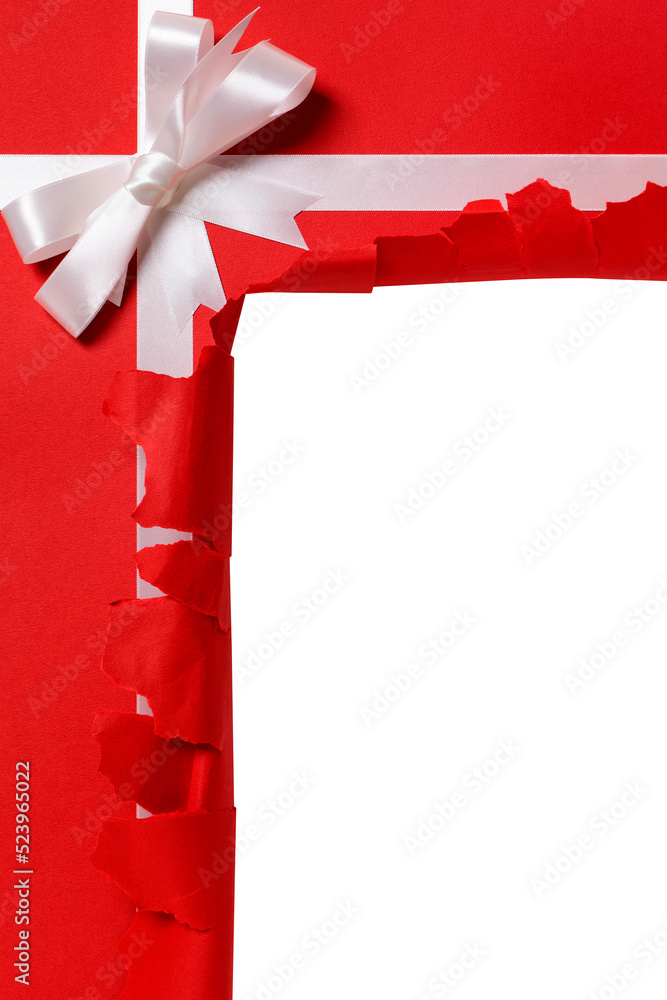Red gift with ribbon bow torn open isolated transparent background ...