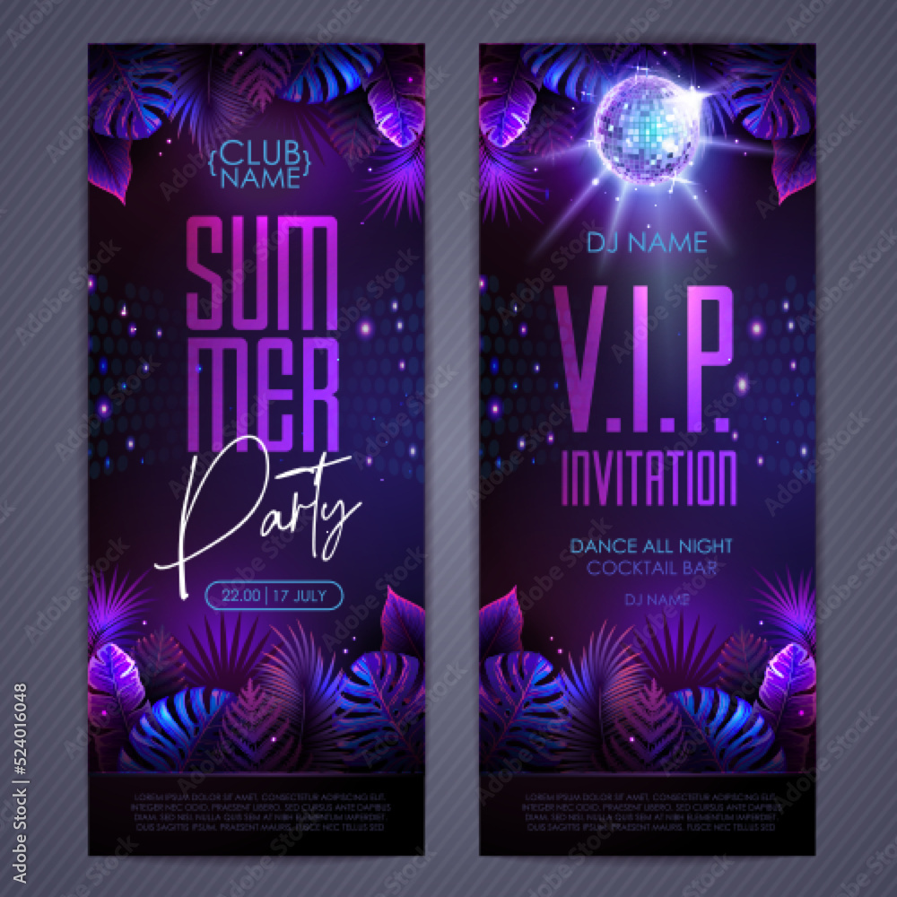 Summer tropic disco party poster with fluorescent tropic leaves and ...