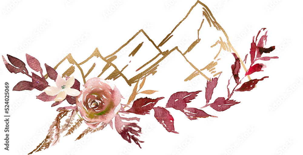 Watercolor mountains travel illustration, boho autumn landscape clipart ...