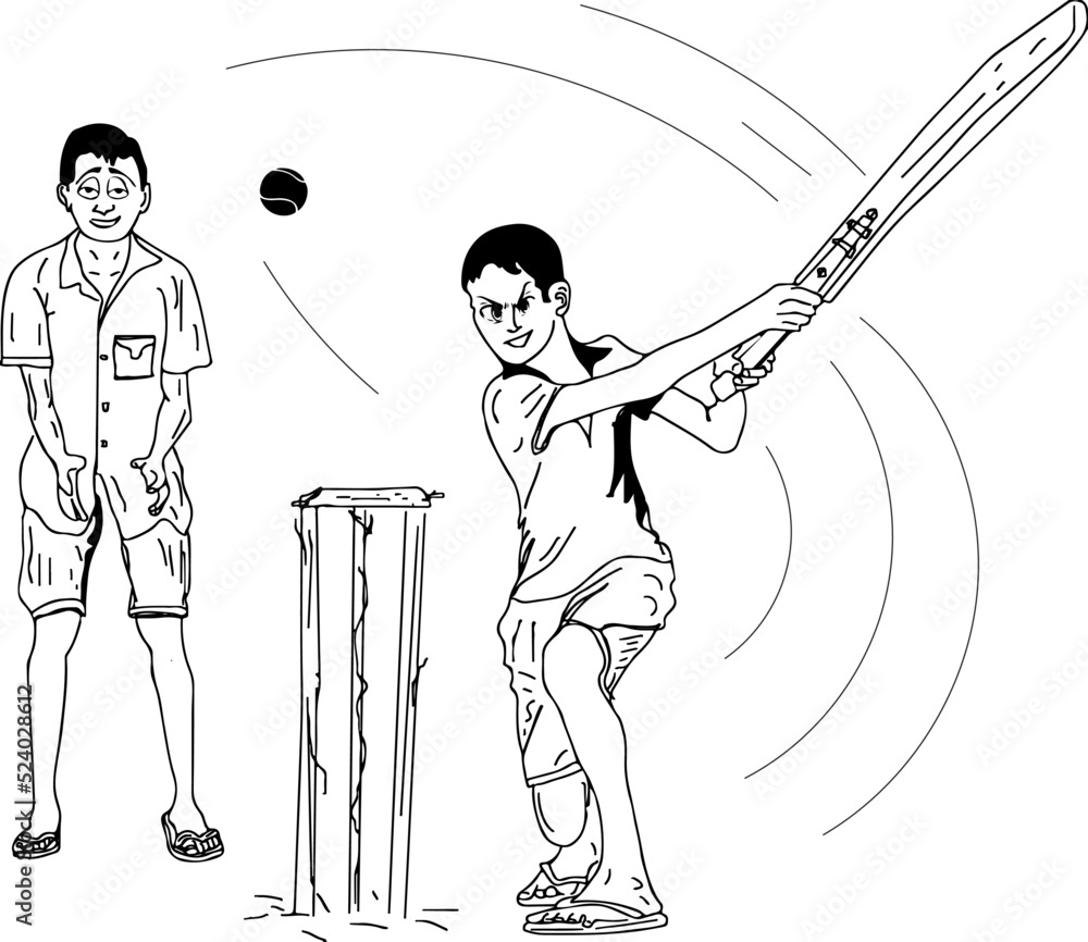 Gully Cricket line art vector, Indian kids playing cricket in street ...