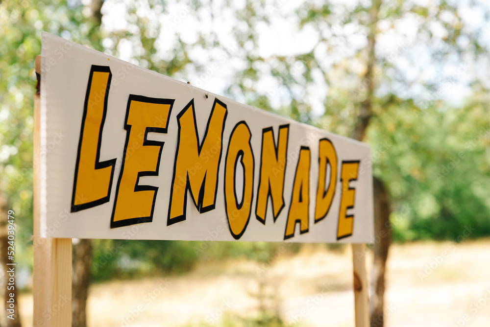 An empty lemonade stand ready for children to start selling lemonade on ...