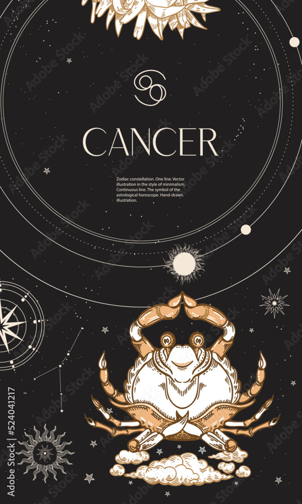 Zodiac constellation Cancer. Black background with constellations, sun ...