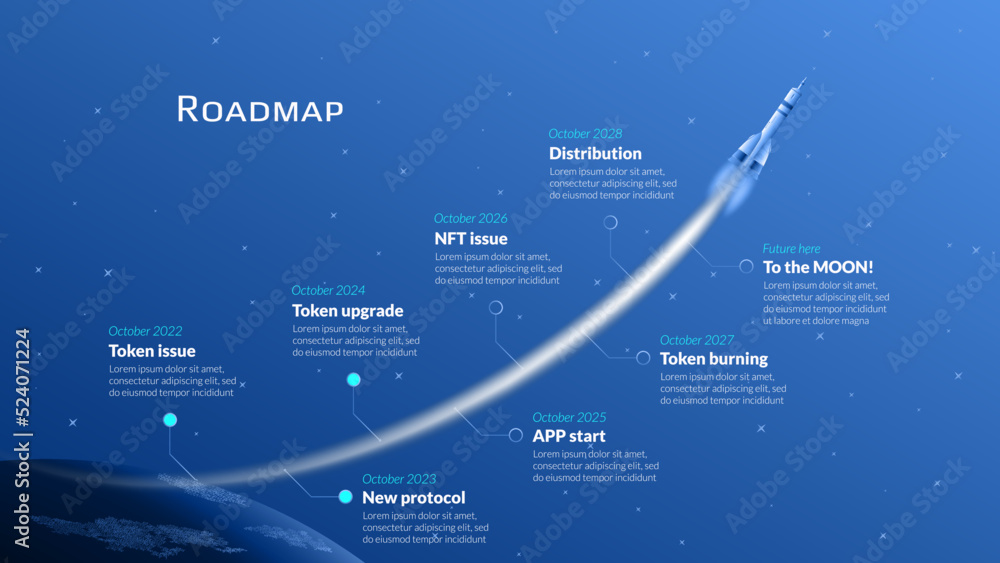 Roadmap with planet Earth and space rocket with long trail on blue ...