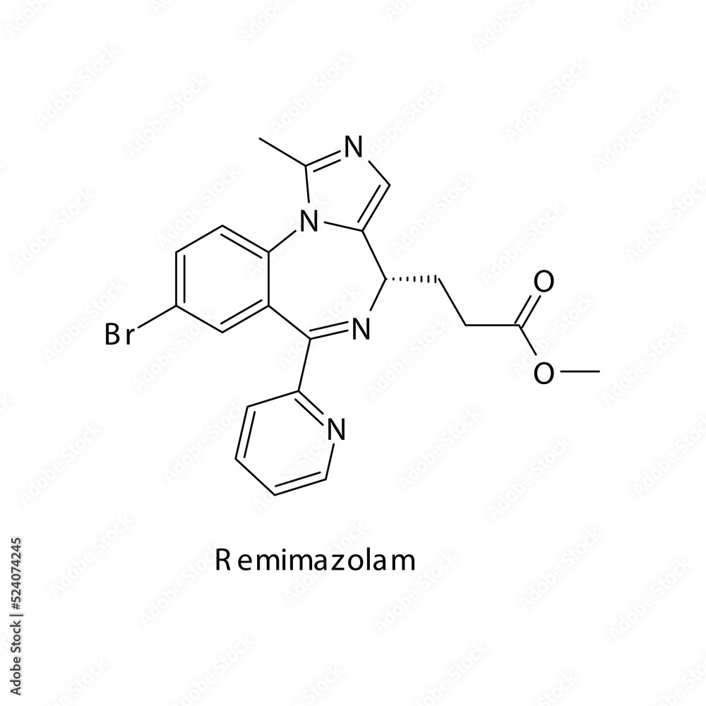 Remimazolam molecule flat skeletal structure, Benzodiazepine class drug ...