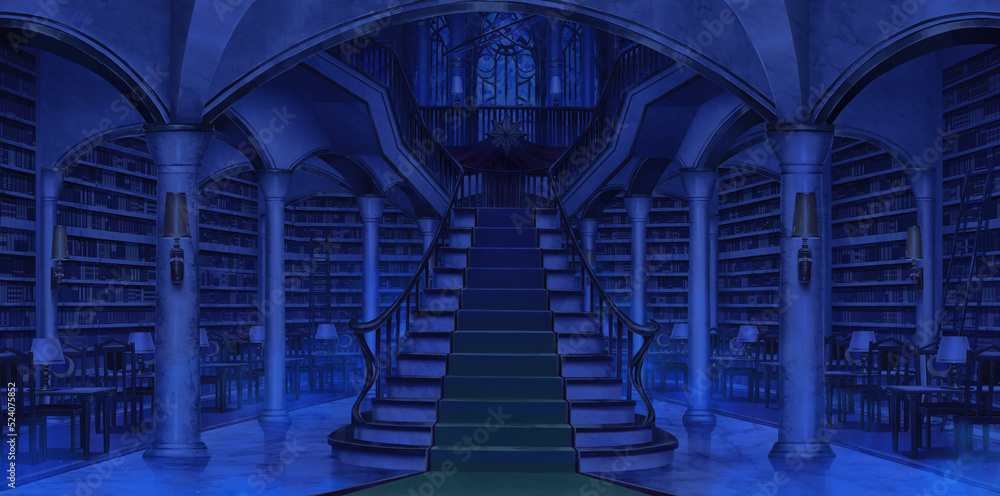Fantasy library main hall at night - turned off the light , Anime ...