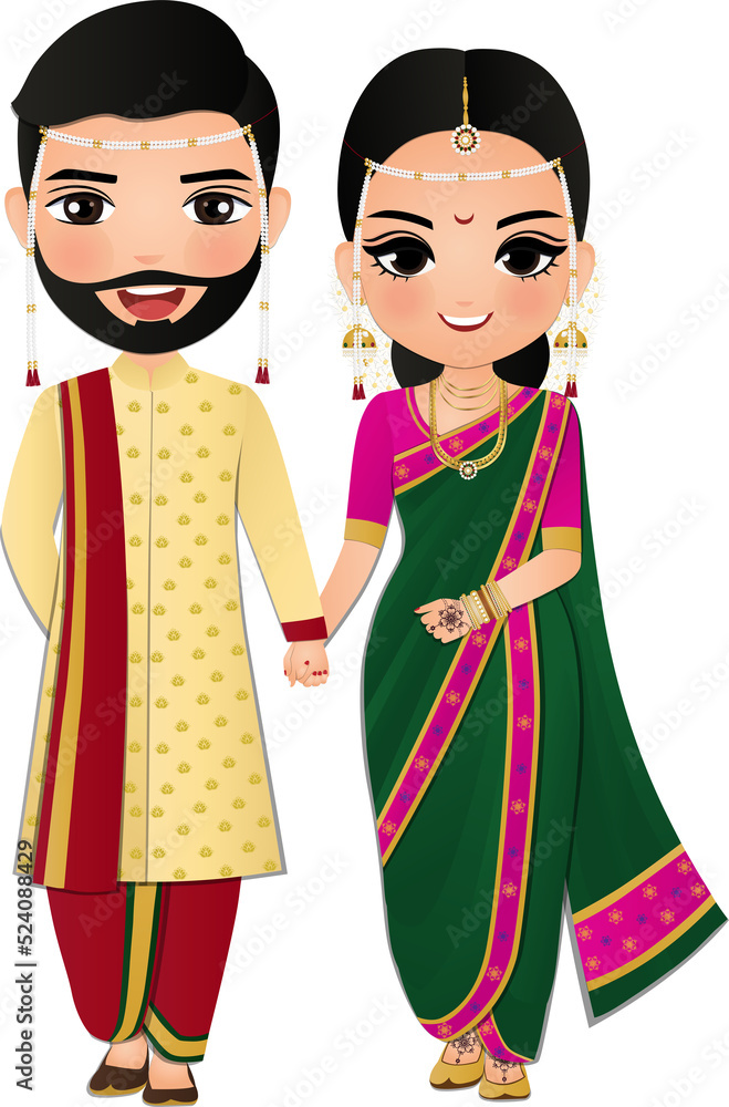 Bride and groom cute couple in traditional indian dress cartoon ...