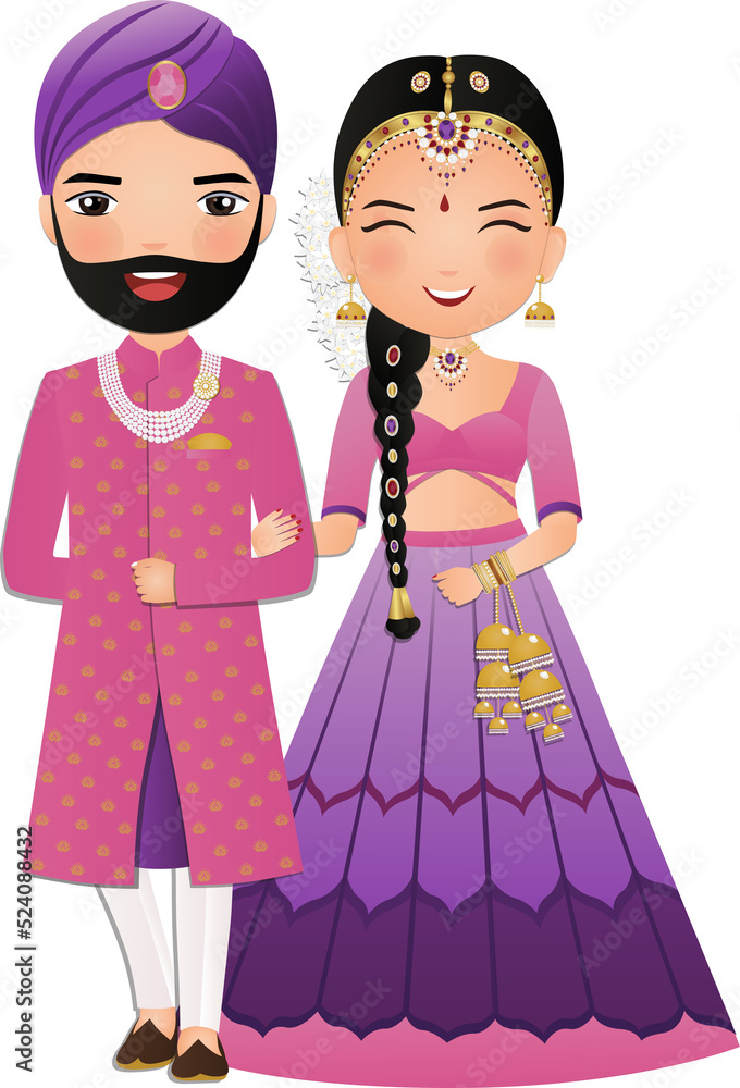 Bride and groom cute couple in traditional indian dress cartoon ...