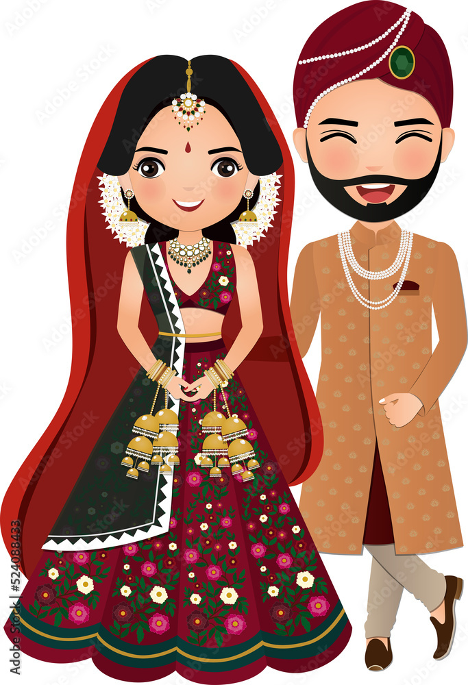 Bride and groom cute couple in traditional indian dress cartoon ...