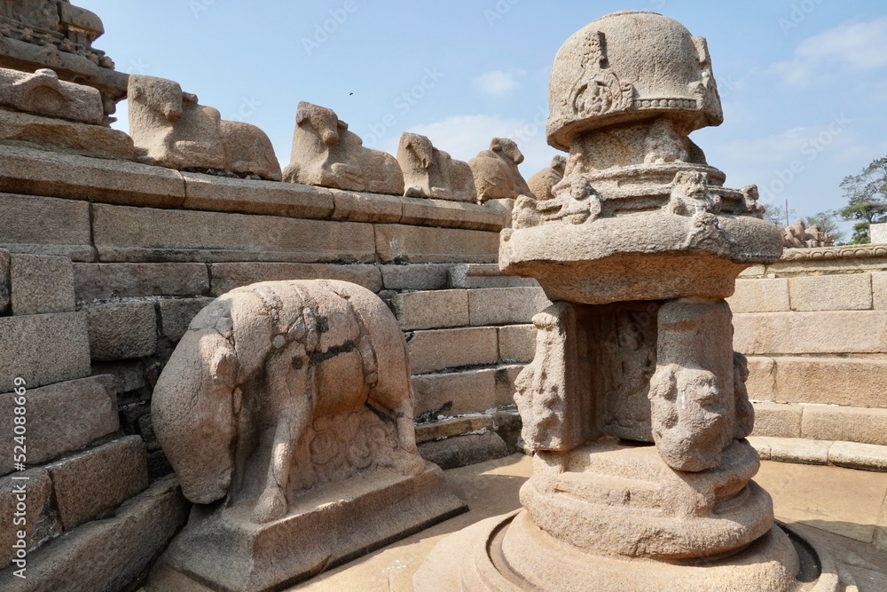 Bas relief rock cut sculptures of gods, people and animals are carved ...