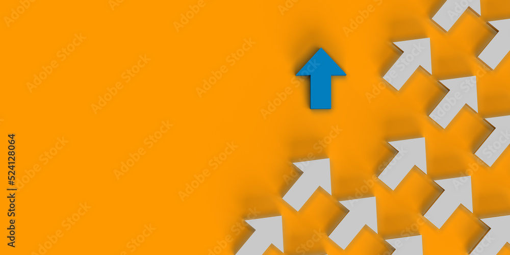 Many white arrows pointing up and one blue arrow points different. 3D rendered symbol of diverse ...