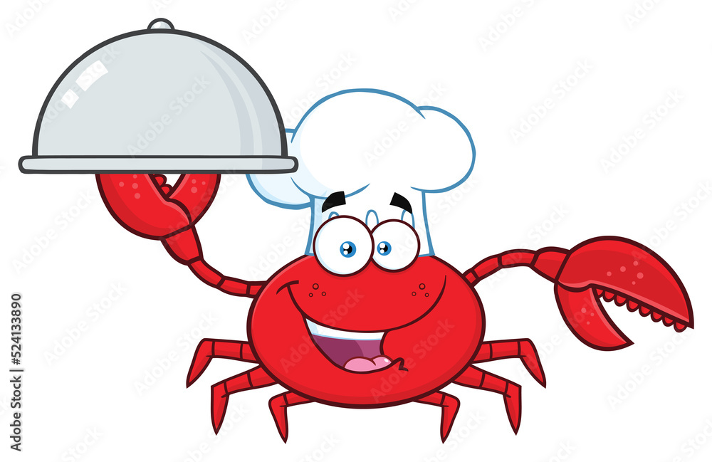 Crab Chef Cartoon Mascot Character Holding A Platter. Hand Drawn ...