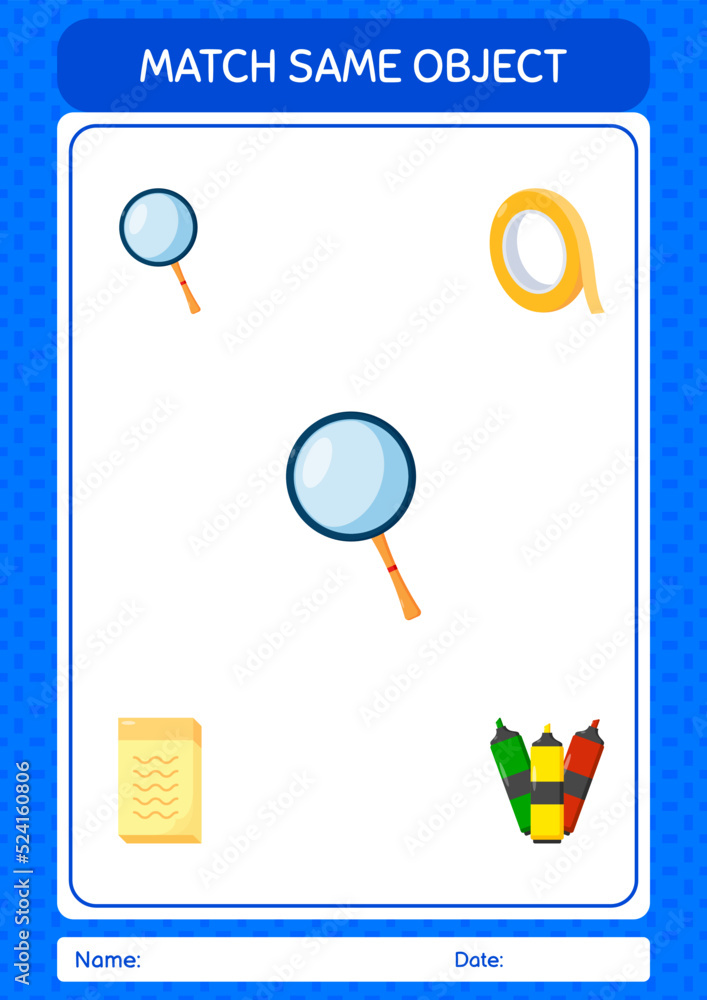 Match with same object game magnifying glass. worksheet for preschool ...