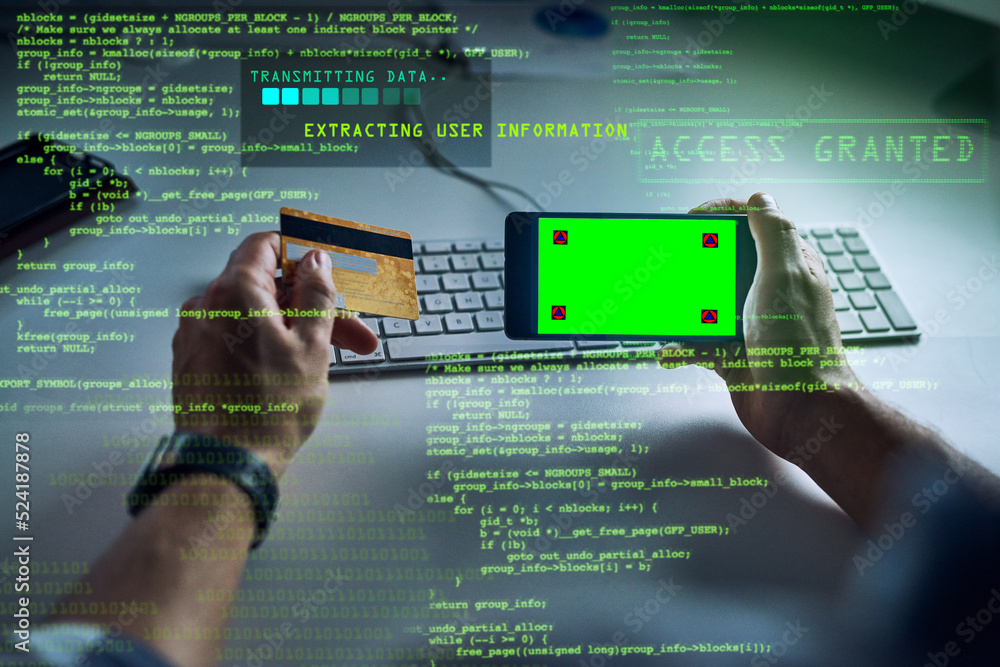 Hacking credit card with phone, green screen chromakey markers or copy ...