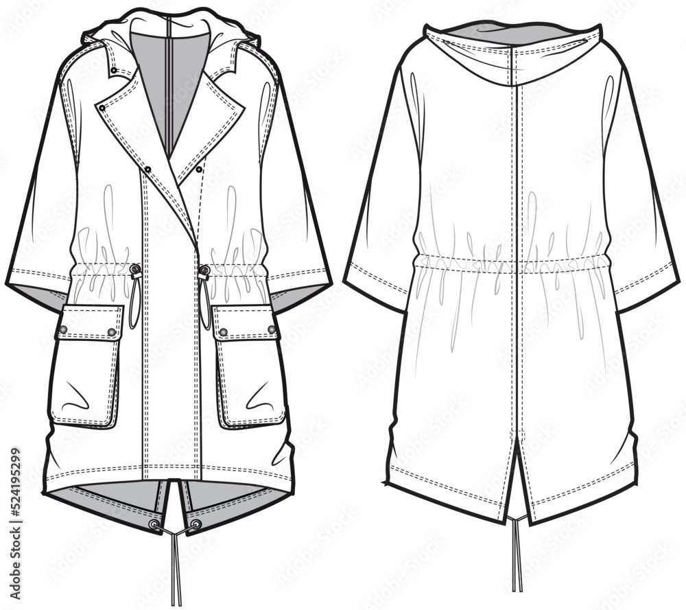 Winter Parka Jacket Front and Back View. Fashion Illustration, Vector ...