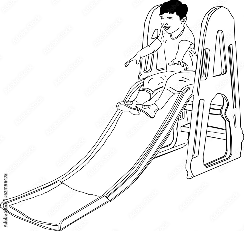 Vector de Stock Cartoon of funny kid boy sliding down the slide, Sketch ...