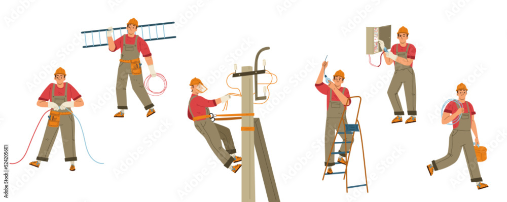 Electrician worker with tools, ladder and wires isolated on white ...