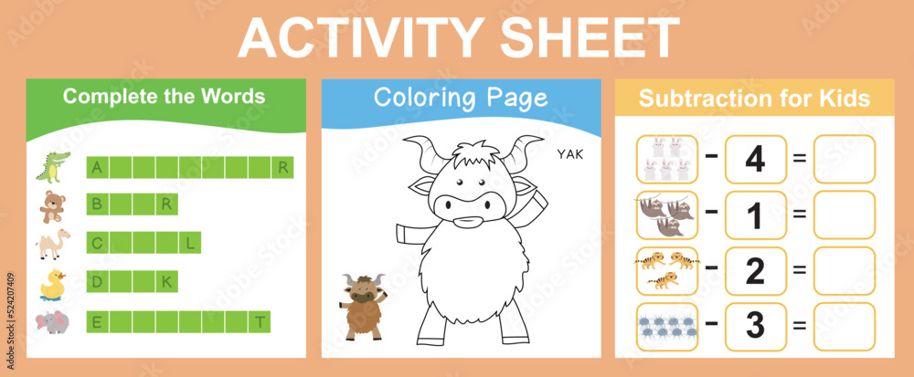 Activity sheet for children. Coloring, math subtraction, complete the ...