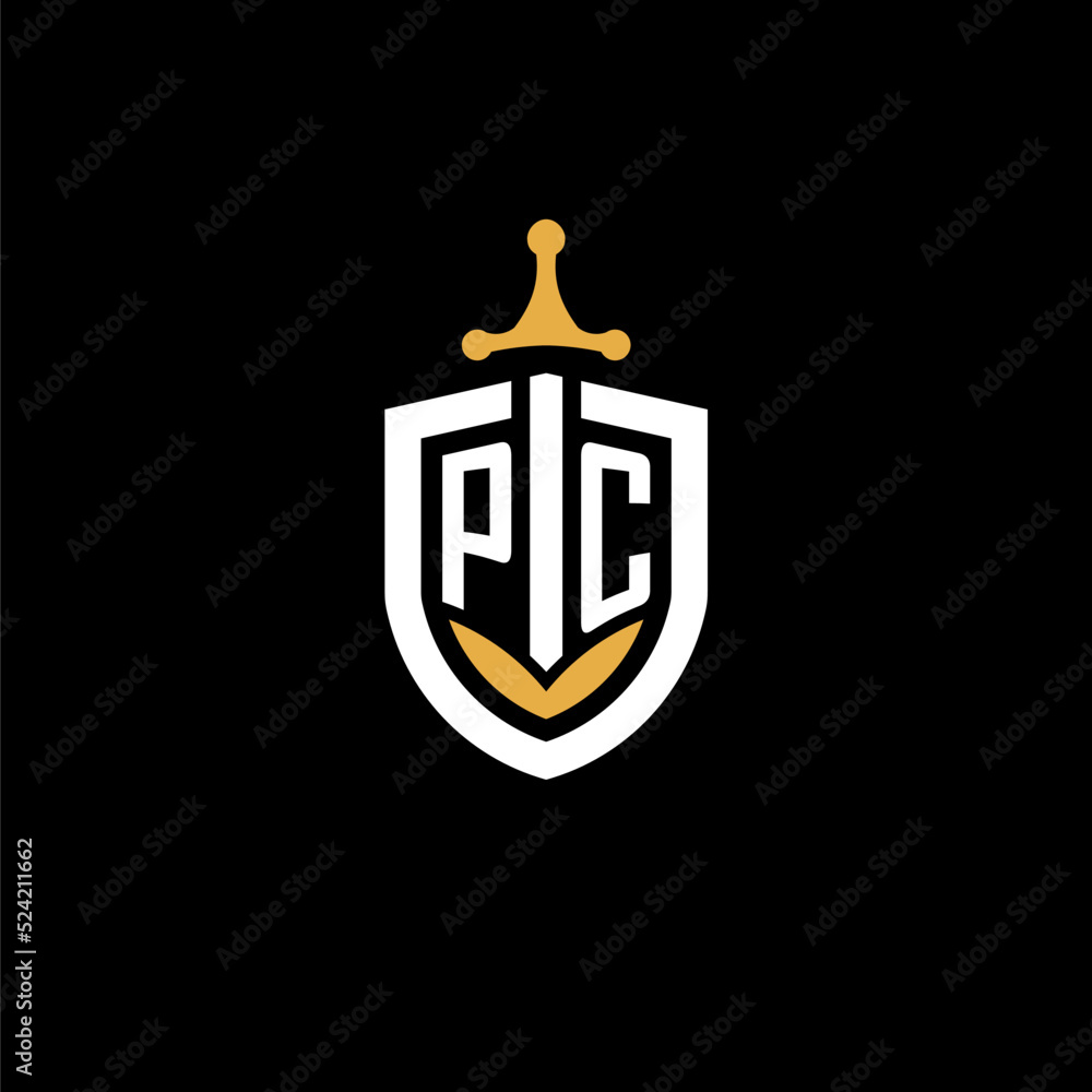 Creative letter PC logo gaming esport with shield and sword design ...
