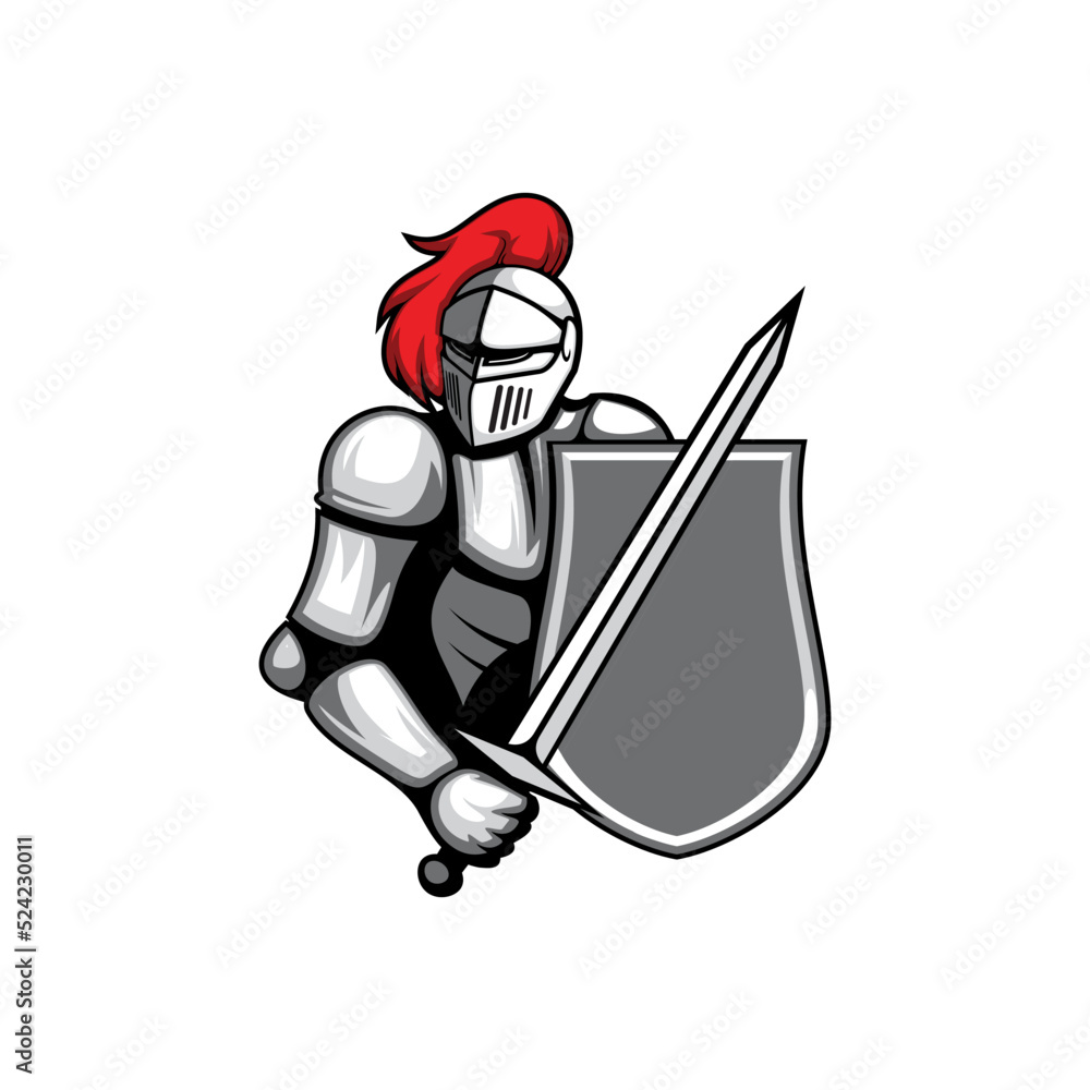 Mascot of medieval knight isolated warrior with red feathers in helmet ...