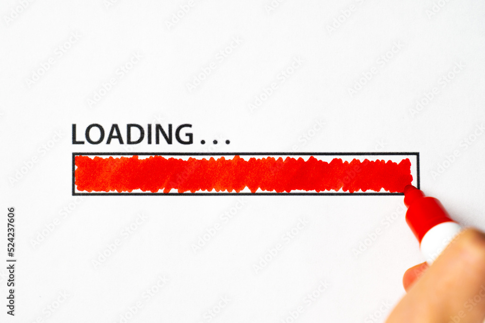 Loading line. The download process. A hand with a red marker strokes ...