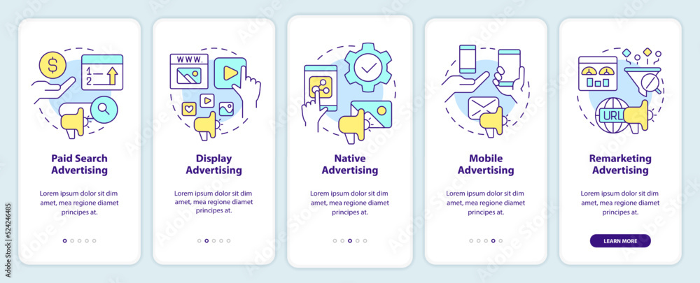 Types of advertising onboarding mobile app screen. Digital campaign ...