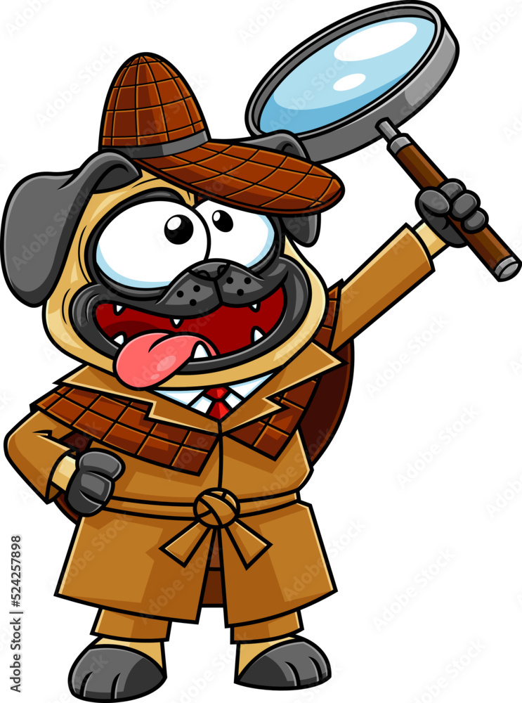 Funny Detective Pug Dog Cartoon Character Holding Up A Large Magnifying ...