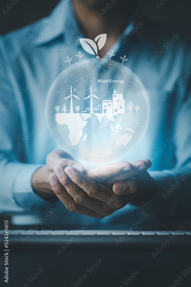 Person with Earth Hologram Renewable Energy, Earth Hologram and Wind ...