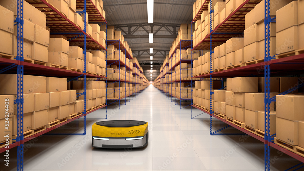 Autonomous robots moving shelves with cardboard boxes in automated warehouse. Seamless looping ...
