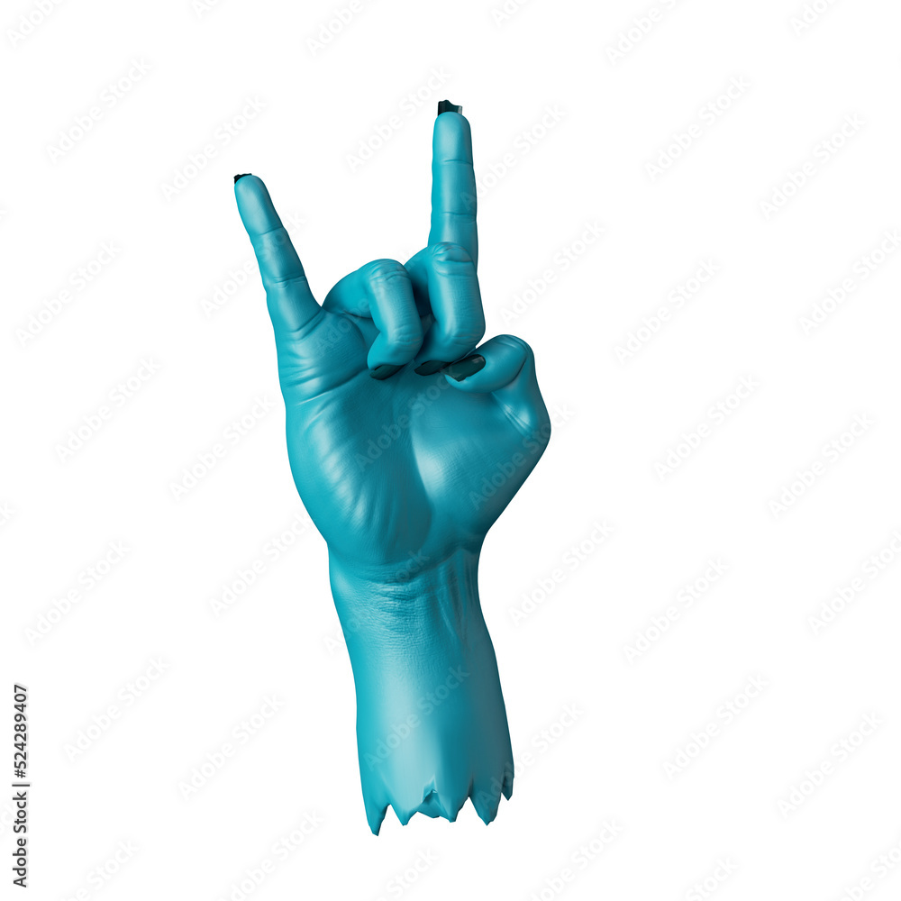 3d render, blue zombie hand rock gesture, Halloween clip art isolated ...