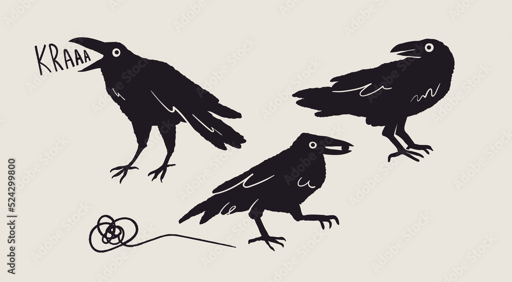 Set of black Raven or Crow birds. Different poses. Cartoon style, flat ...