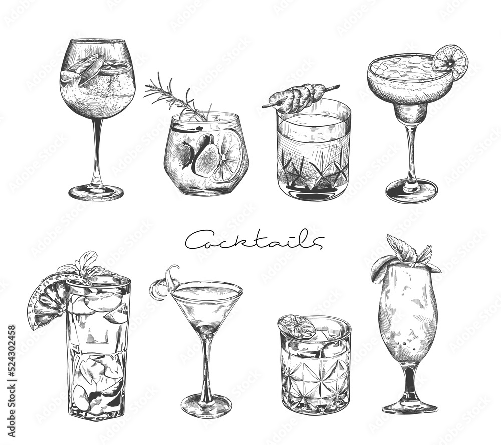 Hand drawn cocktail. Alcoholic drinks in glasses. Sketch juice ...
