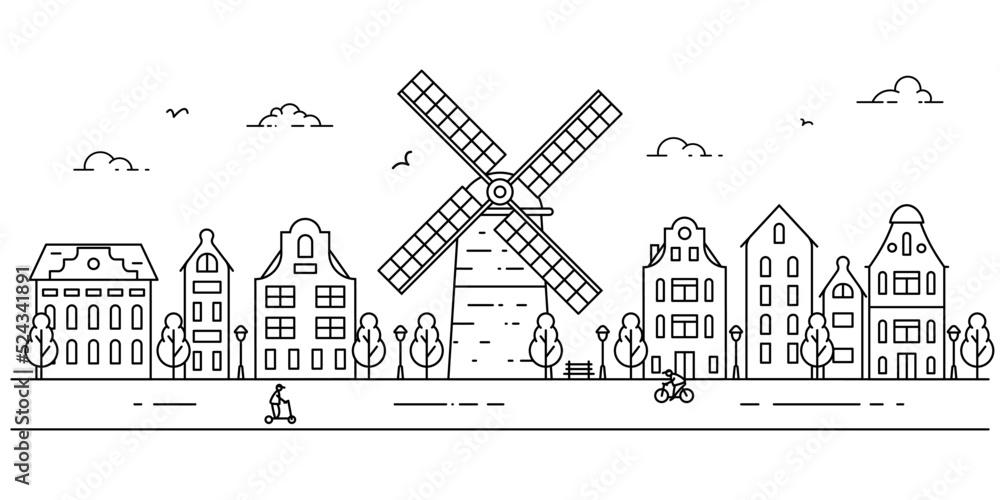 Black and white panorama of european town landscape with windmill and ...
