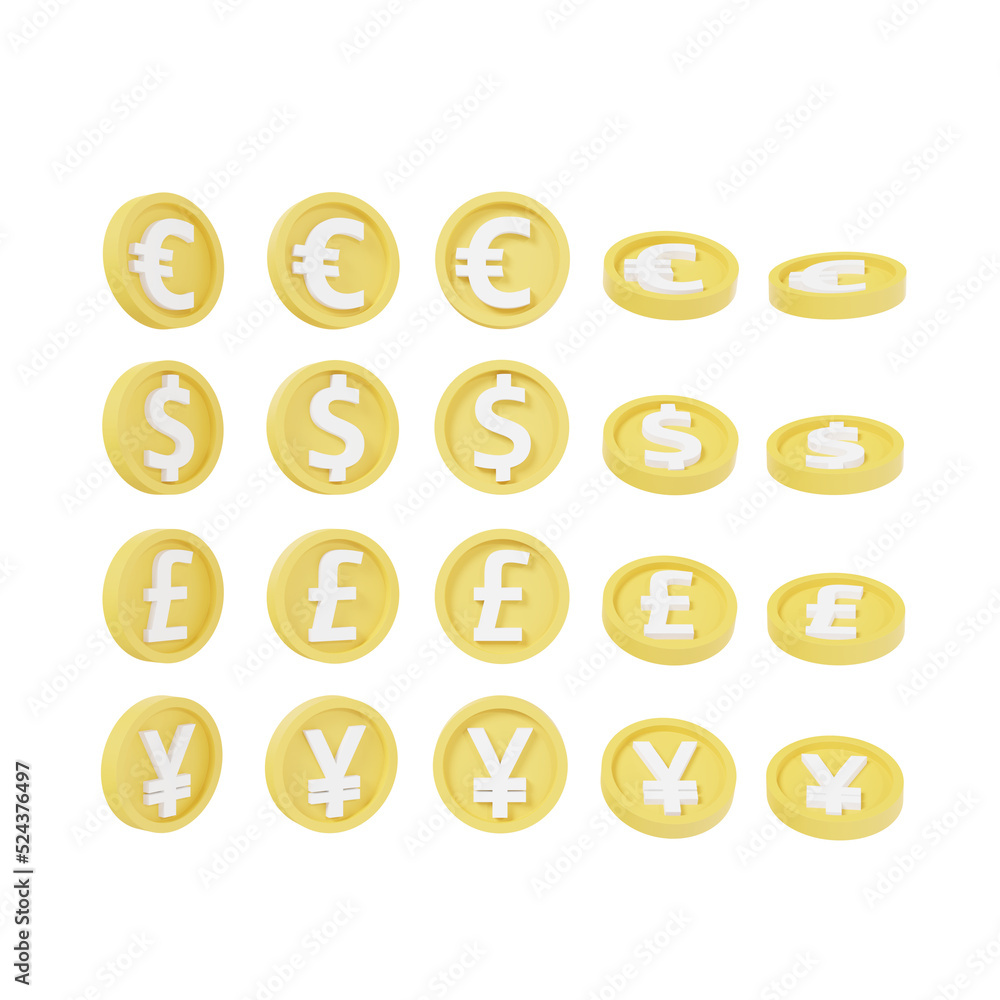 3D Rendering set of spinning gold coins in many views rotate in ...