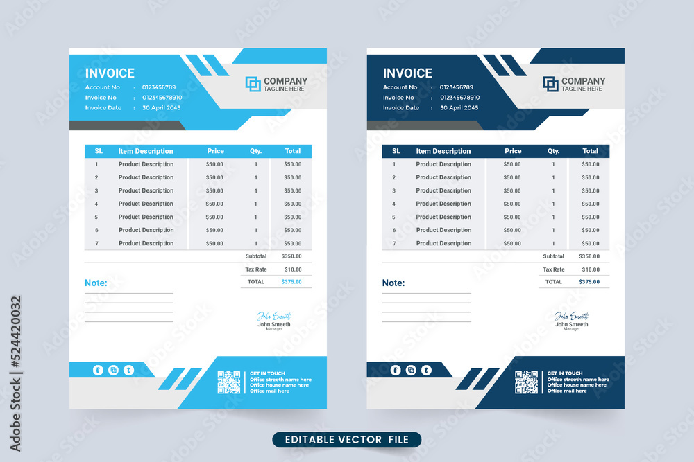 Professional business invoice template with blue color shades. modern ...