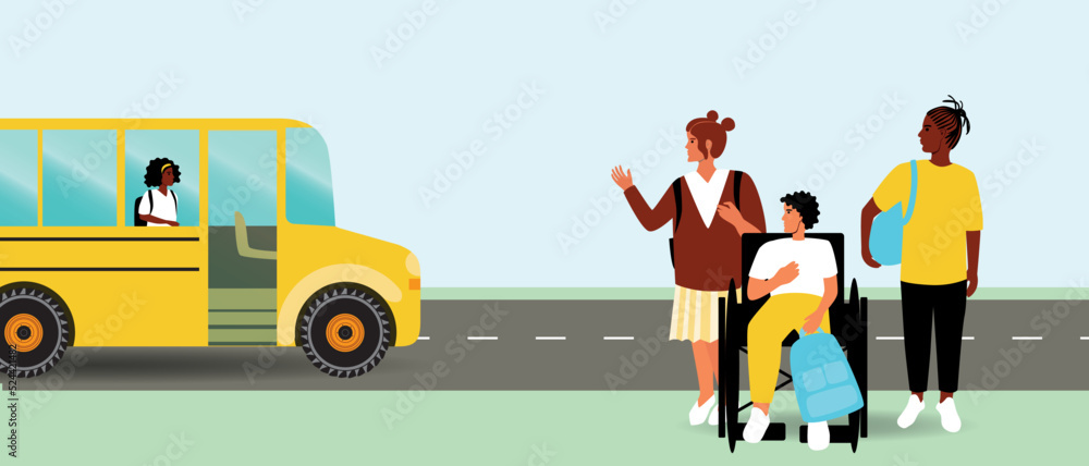 Group of schoolchildren outside school bus, flat vector stock ...