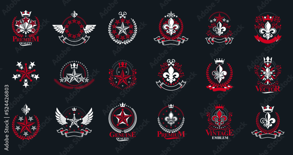 Classic style stars emblems big set, ancient heraldic symbols awards ...