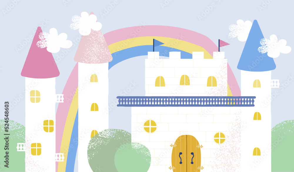 Cute fresco with a magic castle and towers for a child's room. Cartoon ...