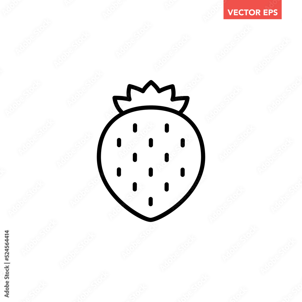 Black single strawberry line icon, simple fresh tasty fruit flat design ...