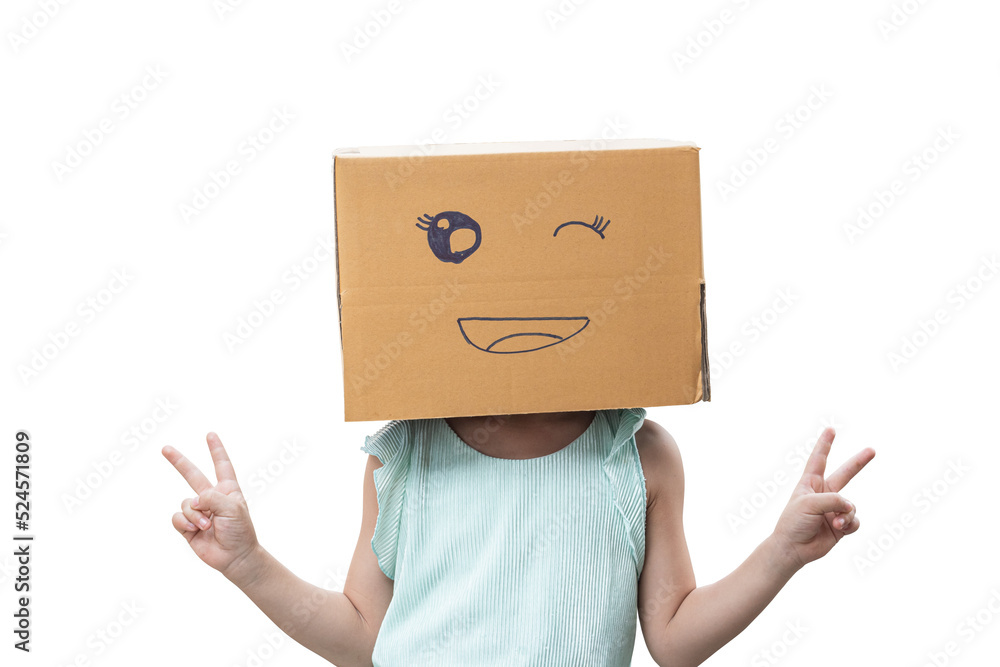 Child girl wearing emoticon face boxes on their head on transparent ...