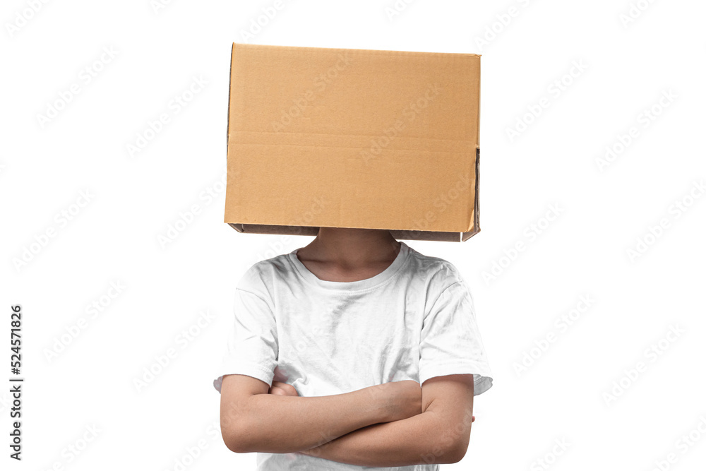 Child girl wearing emoticon face boxes on their head on transparent ...