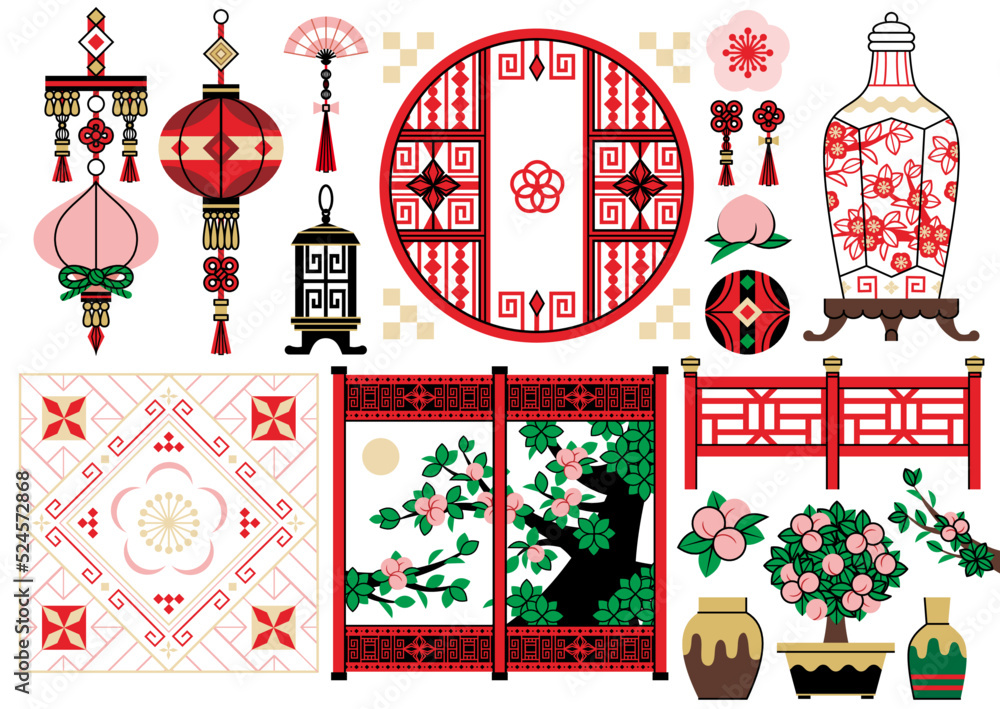 中国風装飾品イラスト中華風デザイン「赤系配色」提灯・行燈・桃・壺・屏風・柵 Chinese style ornament ...
