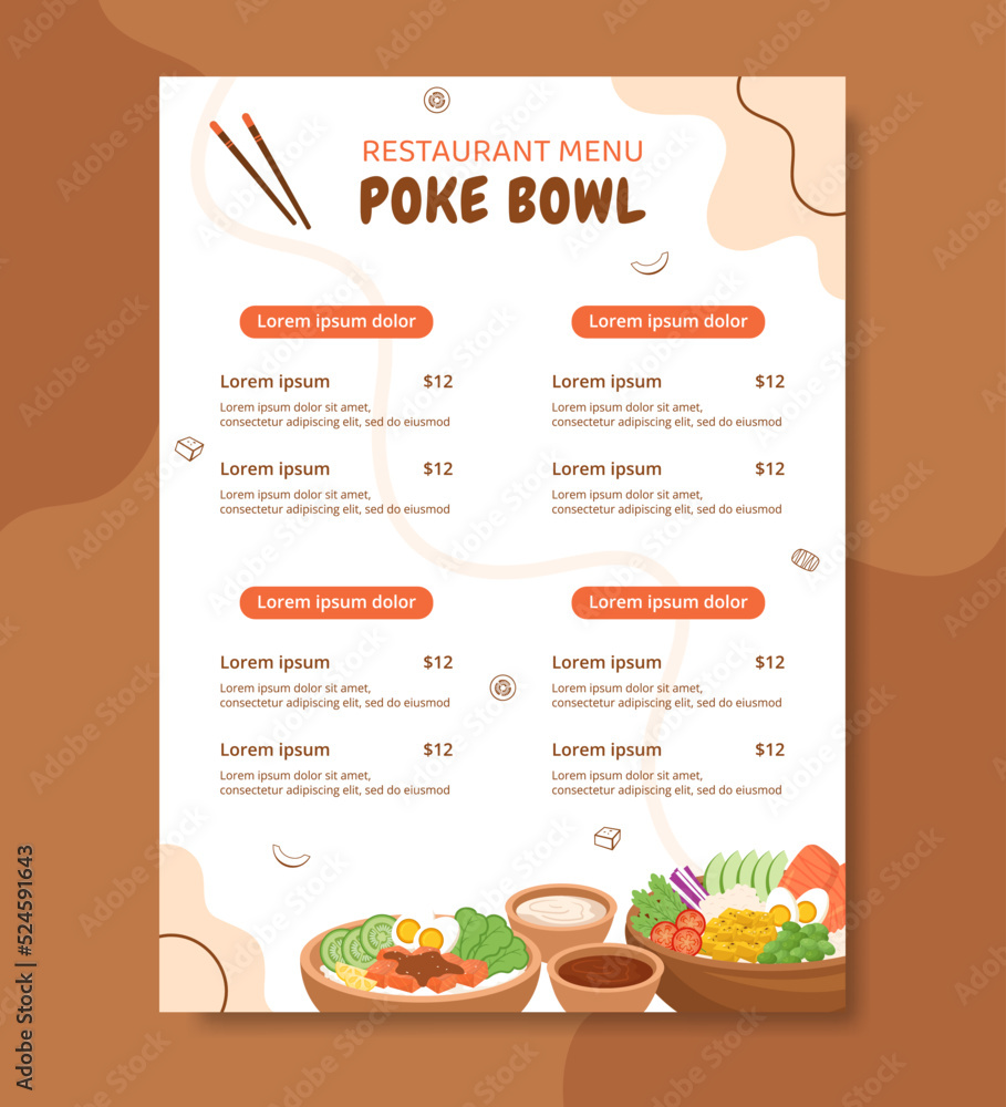 Poke Bowl Food Menu Template Hand Drawn Cartoon Flat Illustration 스톡 벡터 ...