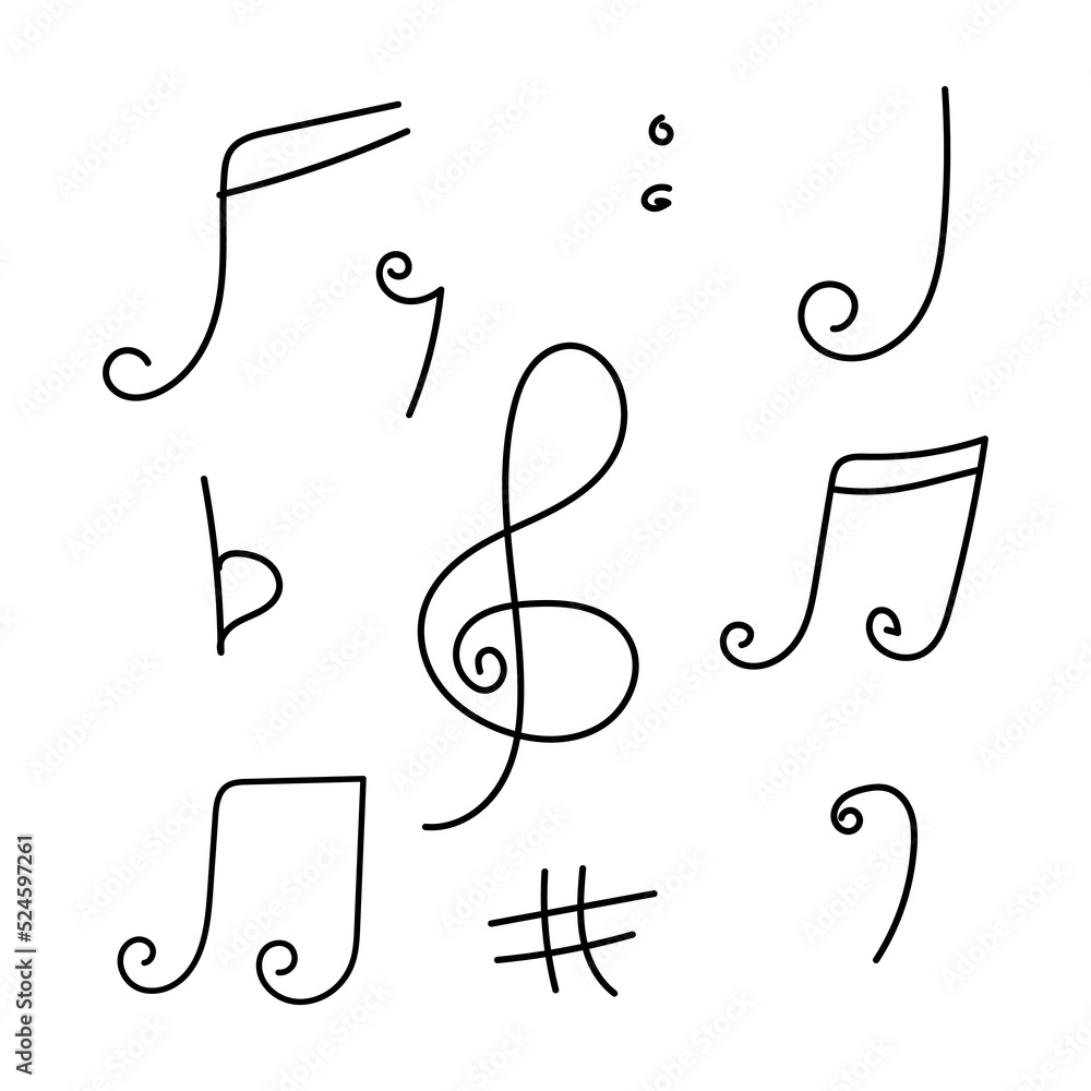Hand drawn musical notes. Linear illustration. Set of musical notes ...
