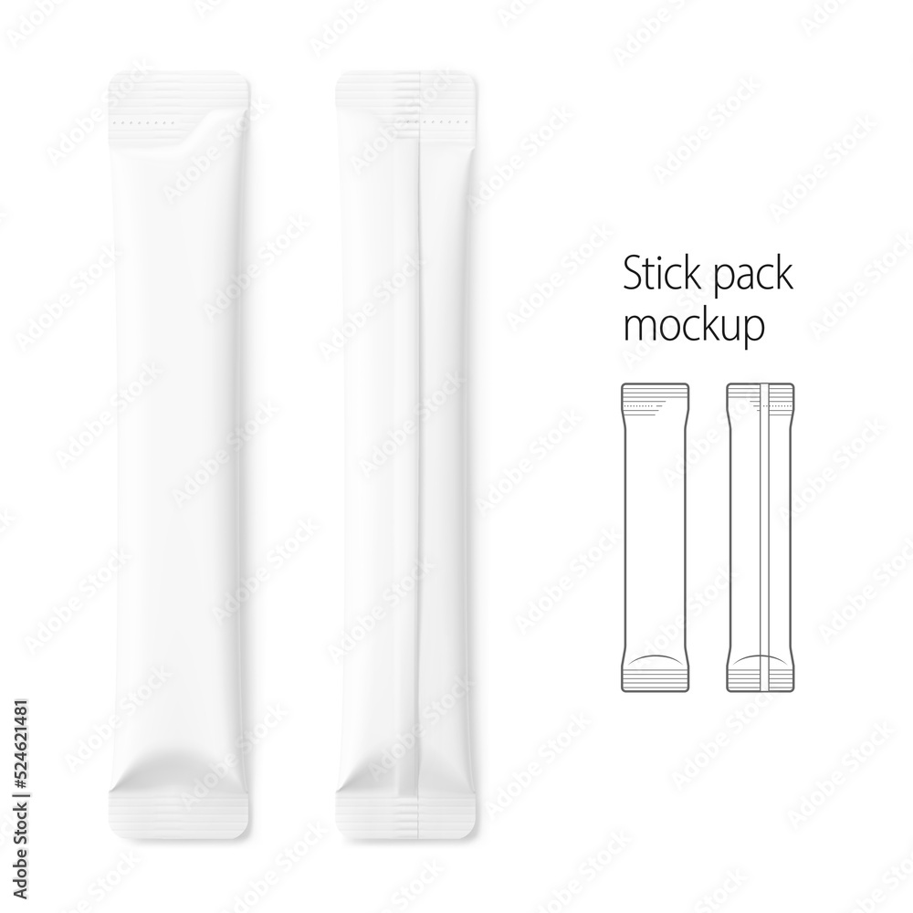 Blank stick pack mockup. Front and back view. Vector illustration ...