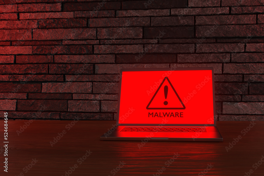 Screen of a laptop showing a warning sign of malware. Illustration of ...